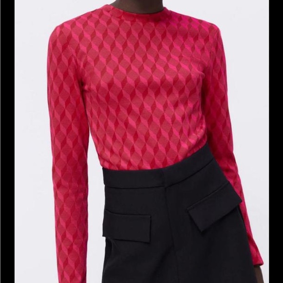 Zara | Tops | Zara Redpink Diamond Pattern Long Sleeve Top | Poshmark